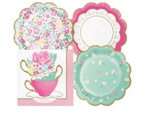 floral themed tea party supply pack bundle includes paper dessert plates & napkins for 16 guests