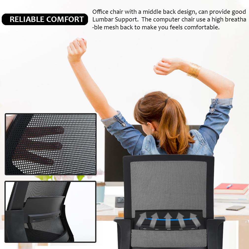 PayLessHere Ergonomic Desk Swivel Rolling Computer Executive Lumbar Support Task Mesh Chair Adjustable Stool for Women&Men, Black