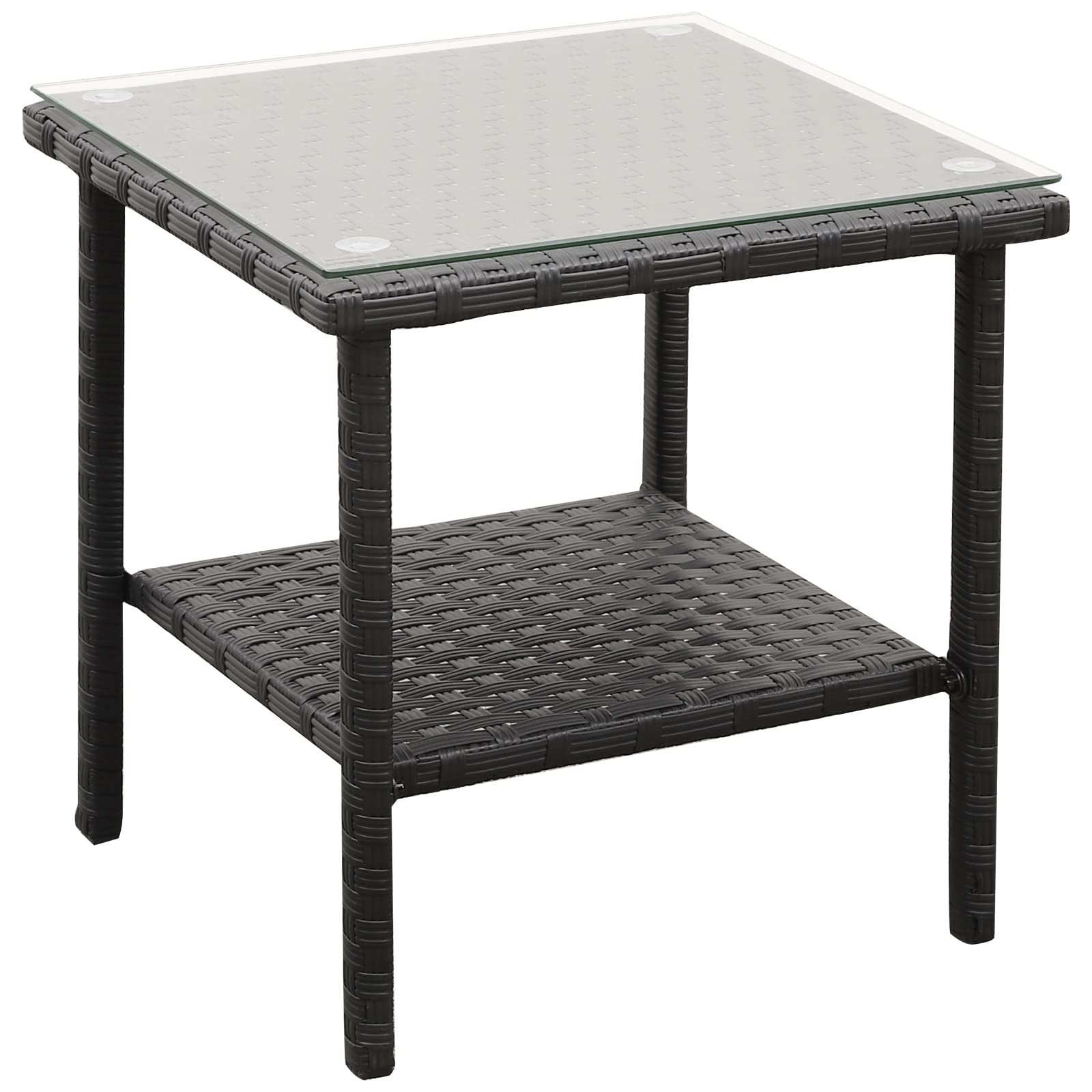 Rattaner Outdoor PE Wicker Rattan Side Table - Patio Rattan Garden Coffee End Square Table with Glass Top-2-layer Table Furniture, Black