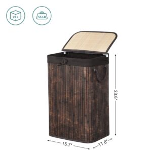 SONGMICS Laundry Hamper with Lid, Bamboo Laundry Basket with Liner Bag, Foldable Storage Hamper with Handles in Bedroom Closet Laundry, 72L, Rustic Brown ULCB10WN