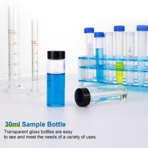 Kesell 12 Pack of 3 inches, 30 ML, Clear Glass Bottles Storage Container Sample Cosmetic Vials with Black Screw Caps