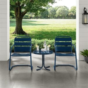 Crosley Furniture Brighton 3-Piece Outdoor Chair and Side Table Set, Retro Metal Patio Conversation Sets, Navy