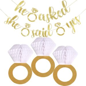 wedding decoration|bachelorette party decoration|gold glittery honeycomb diamond ring hang deco with he asked she said yes banner wall decor for bridal shower engagement party (hang decoration)