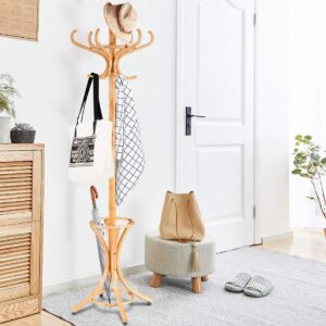 Tangkula 75.5" Standing Coat Rack, Wood Coat Tree with 12 Hooks, Home Hat Jacket Hanger Tree 12 with Umbrella Holder Coat Stand (Oak)