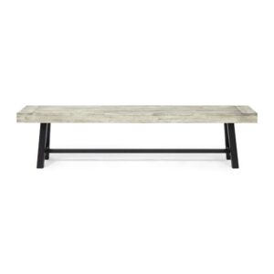 gdfstudio outdoor acacia wood bench, sandblast light gray wash and black metal