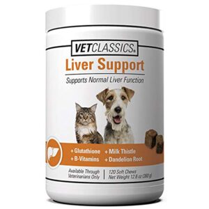 vet classics liver support pet health supplement for dogs, cats – liver functions – b-vitamins, glutathione, milk thistle – soft tablets, chews – 120 soft chews