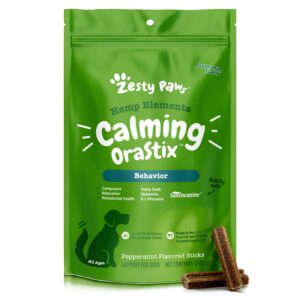 zesty paws orastix for dogs - calming dental sticks for stress with hemp melatonin chamomile dog healthy teeth and gums calm composure for fireworks and thunderstorms - 12oz