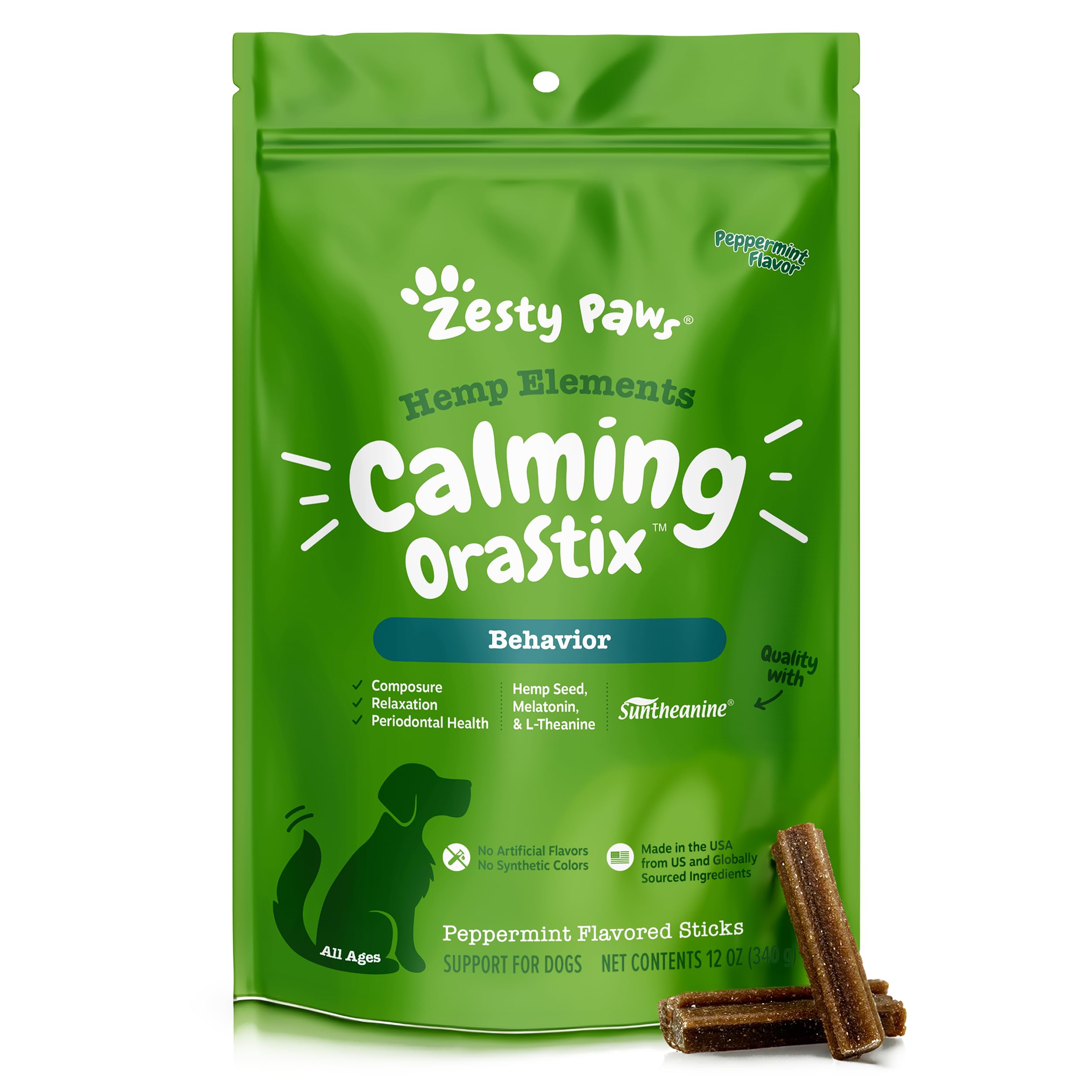 Zesty Paws OraStix for Dogs - Calming Dental Sticks for Stress with Hemp Melatonin Chamomile Dog Healthy Teeth and Gums Calm Composure for Fireworks and Thunderstorms - 12oz