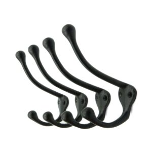 vintage cast iron wall hooks (black texture finish, set of 4) - rustic, farmhouse coat hooks | great for coats, bags, towels, hats | classic standard