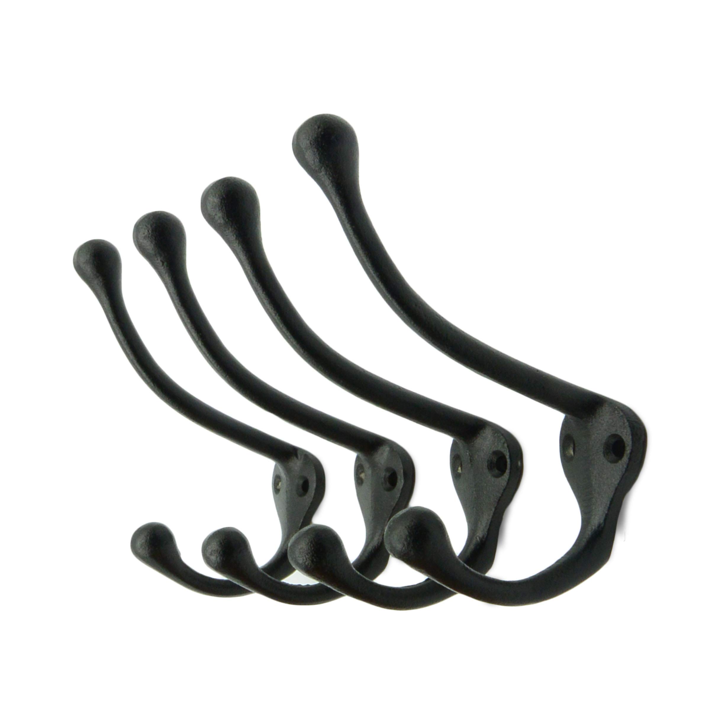 Vintage Cast Iron Wall Hooks (Black Texture Finish, Set of 4) - Rustic, Farmhouse Coat Hooks | Great for Coats, Bags, Towels, Hats | Classic Standard