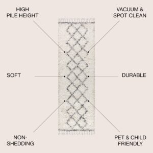 JONATHAN Y MCR103B-28 Mercer Shag Plush Tassel Moroccan Tribal Geometric Trellis Indoor Area-Rug Bohemian Easy-Cleaning High Traffic Bedroom Kitchen Living Room, 2 X 8, Cream/Grey