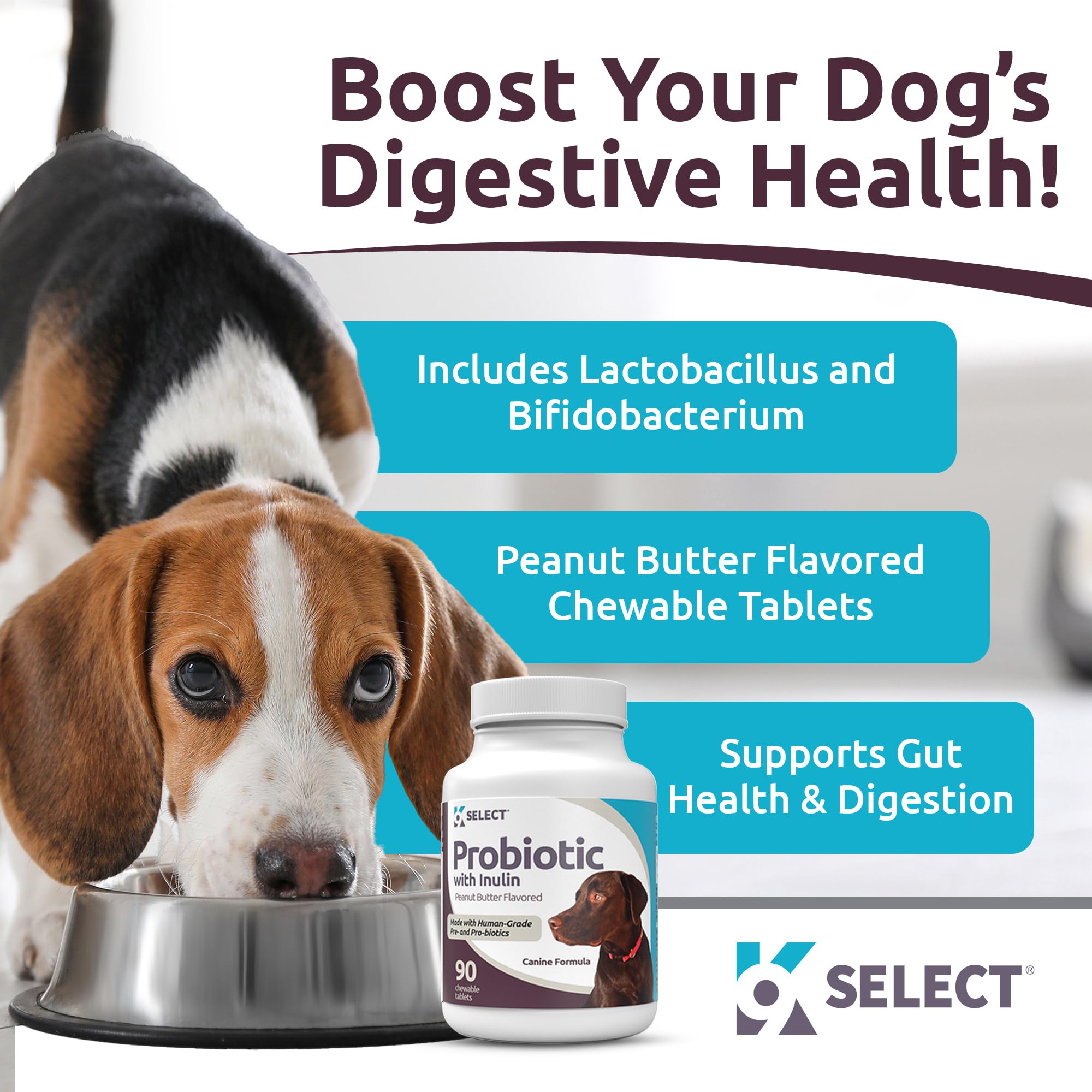 K9 Select Probiotic for Dogs, with Inulin - 90 Chewable Tablets - Supports Healthy Digestion and Nutrient Absorption - Dog Probiotics and Digestive Enzymes - Probiotics for Dogs Digestive Health