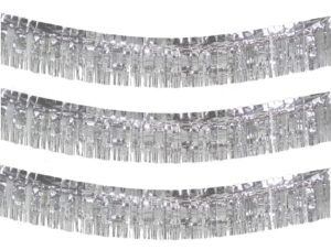 blukey 10 feet long roll foil fringe garland - pack of 3 | shiny metallic tassle banner | ideal for parade floats, bridal shower, wedding, birthday | wall hanging fringe garland banner (silver)