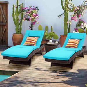 Sundale Outdoor WickerChaise Lounge Set of 2, Rattan Patio Lounge Chairs for Outside, Adjustable Chaise Loungers with Cushions & Pillows for Deck, Indoor, Yard - Steel, Turquoise