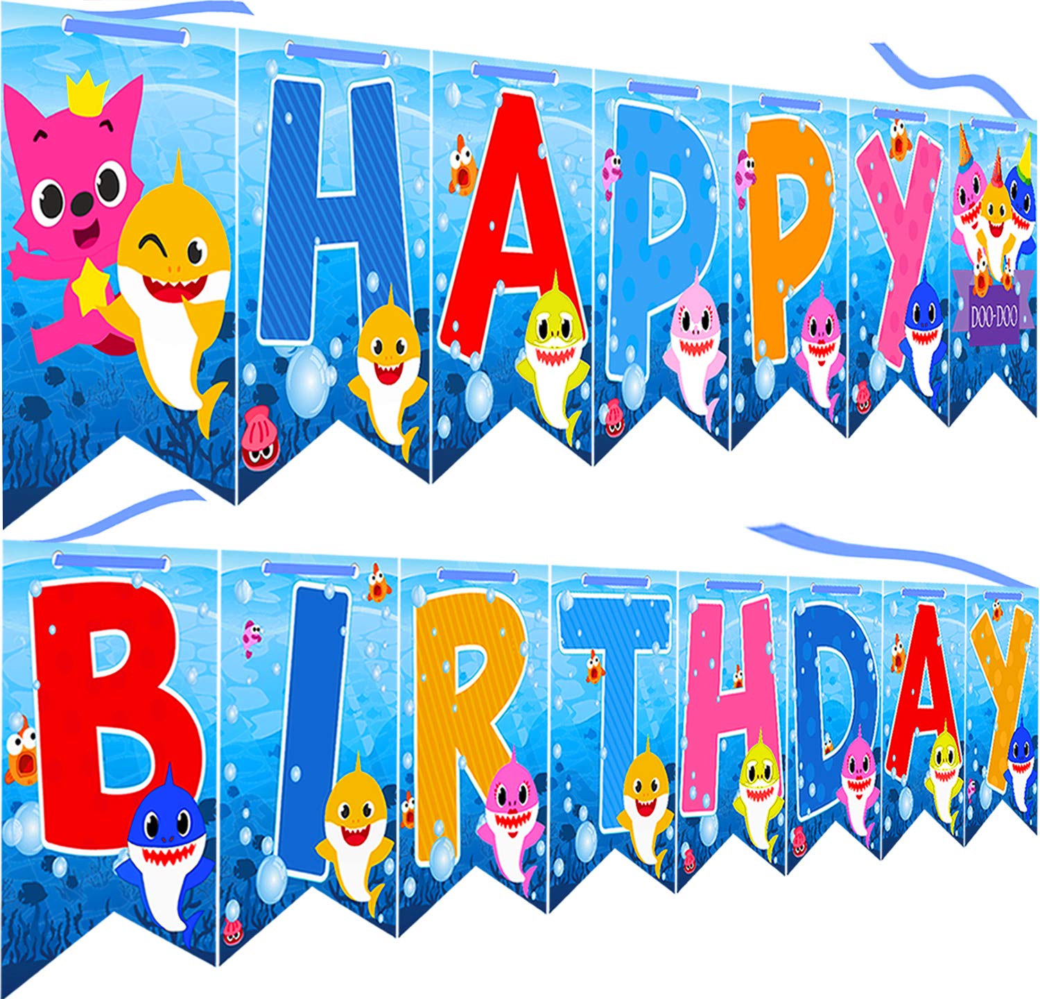 Baby Shark Happy Birthday Banner DOO Garland Shark Theme Party Supplies For Kids Baby Shower Party and Children Birthdays Party Decorations Set of 15 flags