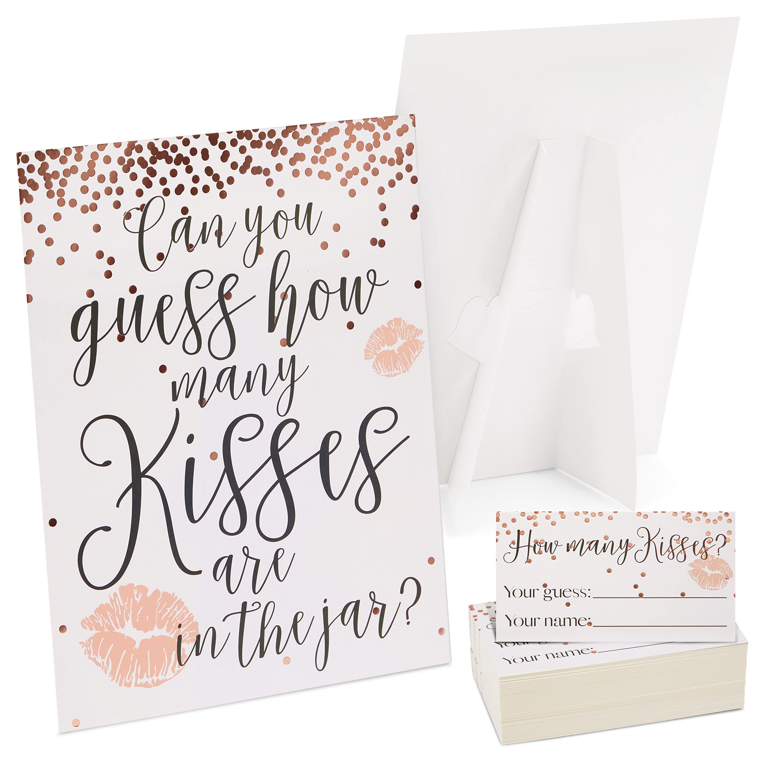 Sparkle and Bash Guess How Many Kisses Bridal Shower Game for 60 Guests for Wedding (1 Rule Board, 60 Guessing Cards)