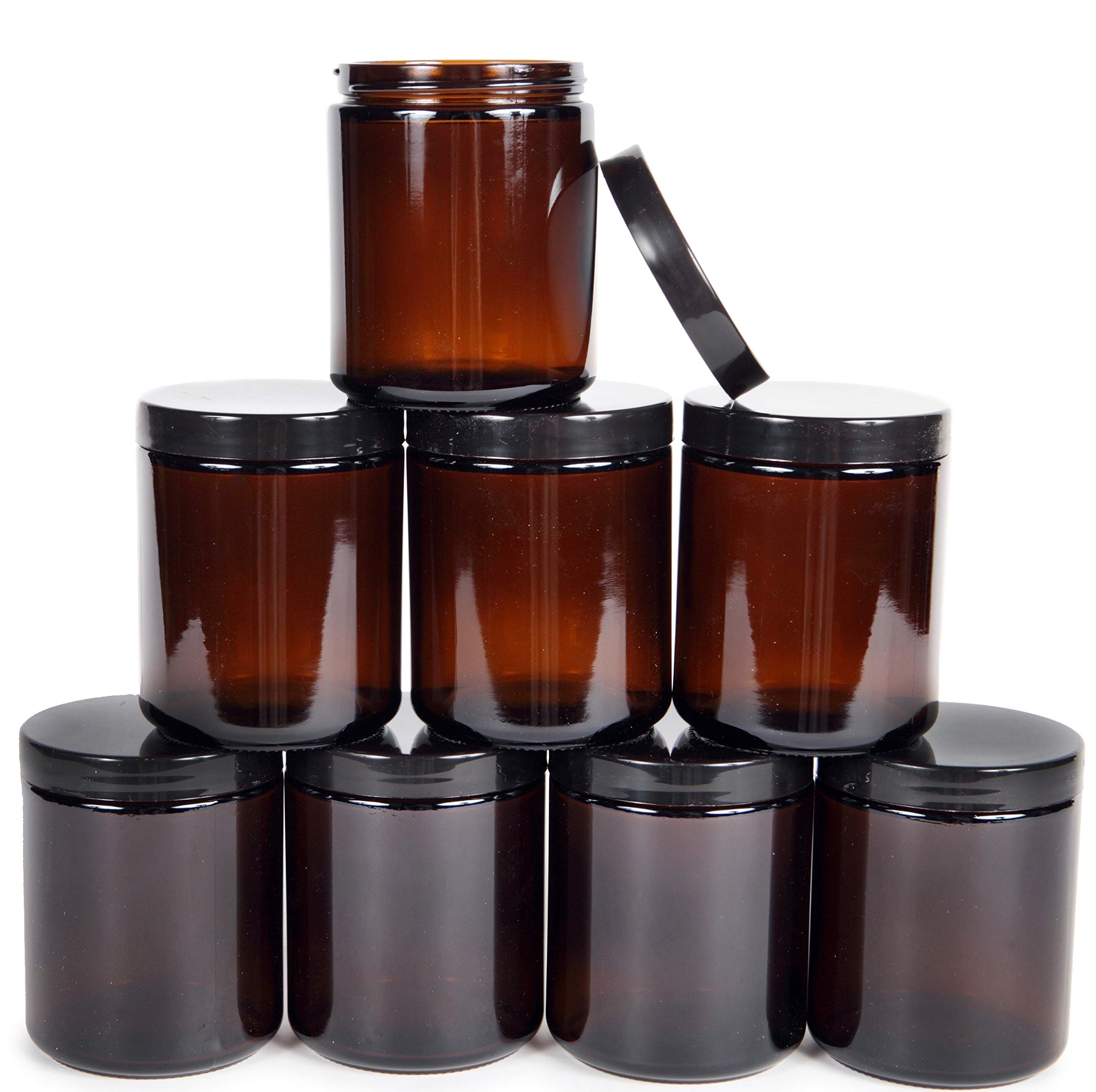 Vivaplex, Amber, 8 ounce, Round Glass Jars, with Black Lids - 8 pack