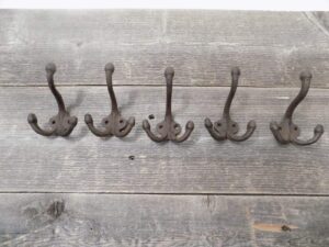 5 rustic coat hooks cast iron double wall hooks 3 1/2" long for hats, towel, school hooks, hall trees, entry ways, mud rooms, dog leashes, purses, crafts, or restoration, vintage style