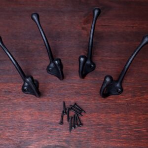 Vintage Cast Iron Wall Hooks (Black Texture Finish, Set of 4) - Rustic, Farmhouse Coat Hooks | Great for Coats, Bags, Towels, Hats | Classic Standard