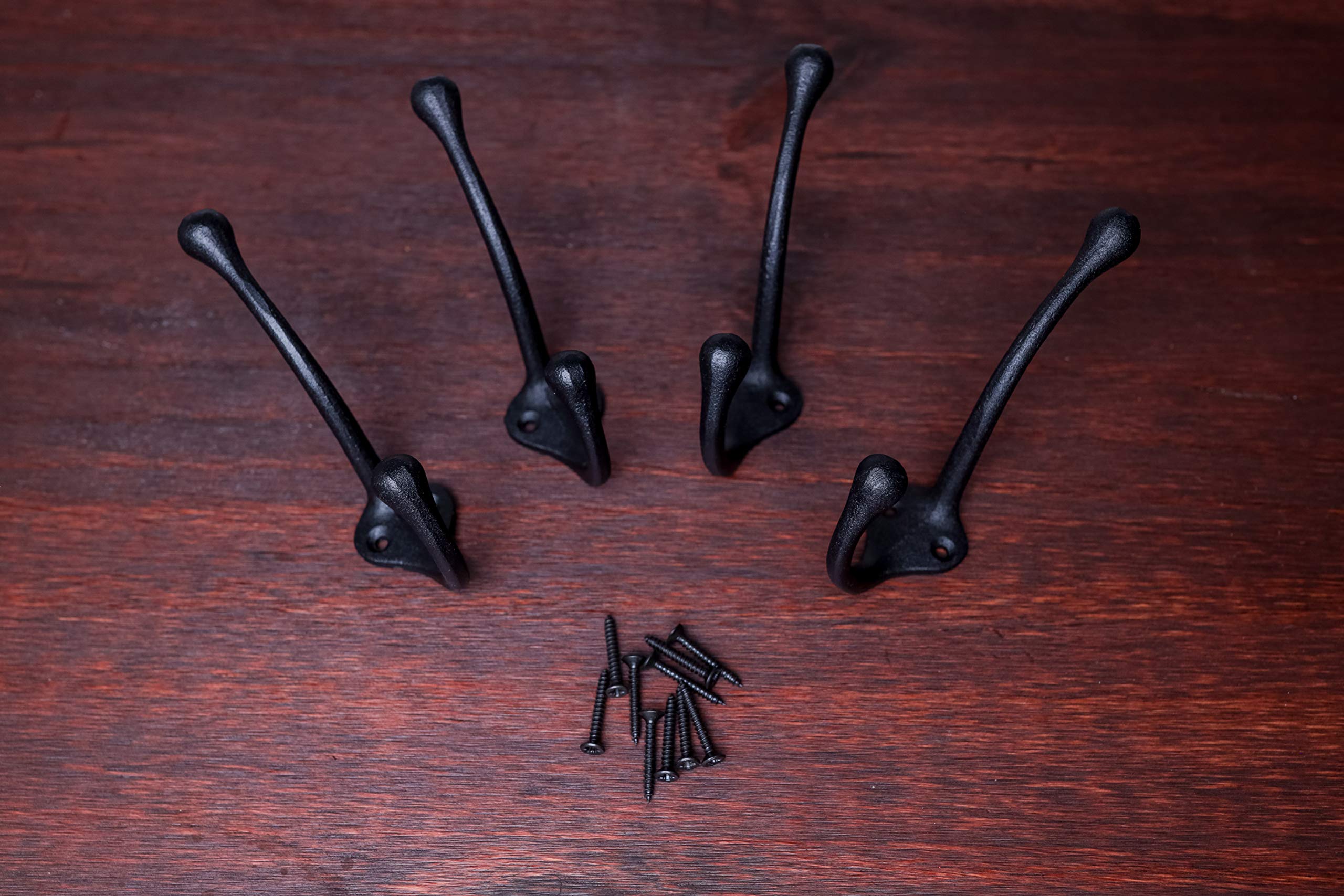 Vintage Cast Iron Wall Hooks (Black Texture Finish, Set of 4) - Rustic, Farmhouse Coat Hooks | Great for Coats, Bags, Towels, Hats | Classic Standard