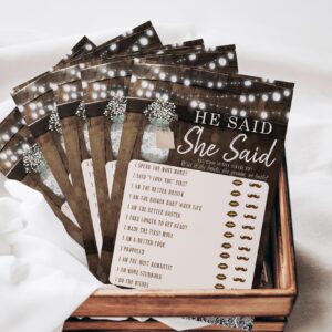 Your Main Event Prints Bridal Shower Bachelorette Games, Rustic Wood Barrel Mason Jar, He Said She Said, Find The Guest Quest, Would She Rather, Phone Game, 25 games each