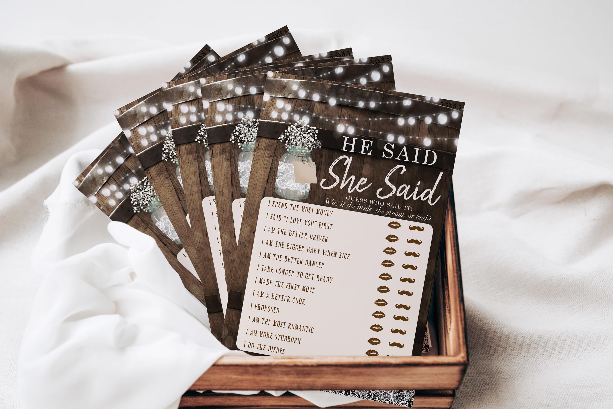 Your Main Event Prints Bridal Shower Bachelorette Games, Rustic Wood Barrel Mason Jar, He Said She Said, Find The Guest Quest, Would She Rather, Phone Game, 25 games each