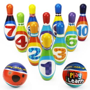 iplay, ilearn kids bowling toys set, toddler indoor outdoor activity play game, soft 10 foam pins two balls set, educational birthday party stocking stuffer gift 18 24 month 2 3 year children boy girl