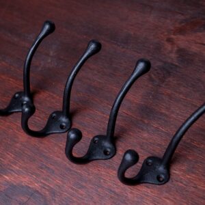 Vintage Cast Iron Wall Hooks (Black Texture Finish, Set of 4) - Rustic, Farmhouse Coat Hooks | Great for Coats, Bags, Towels, Hats | Classic Standard