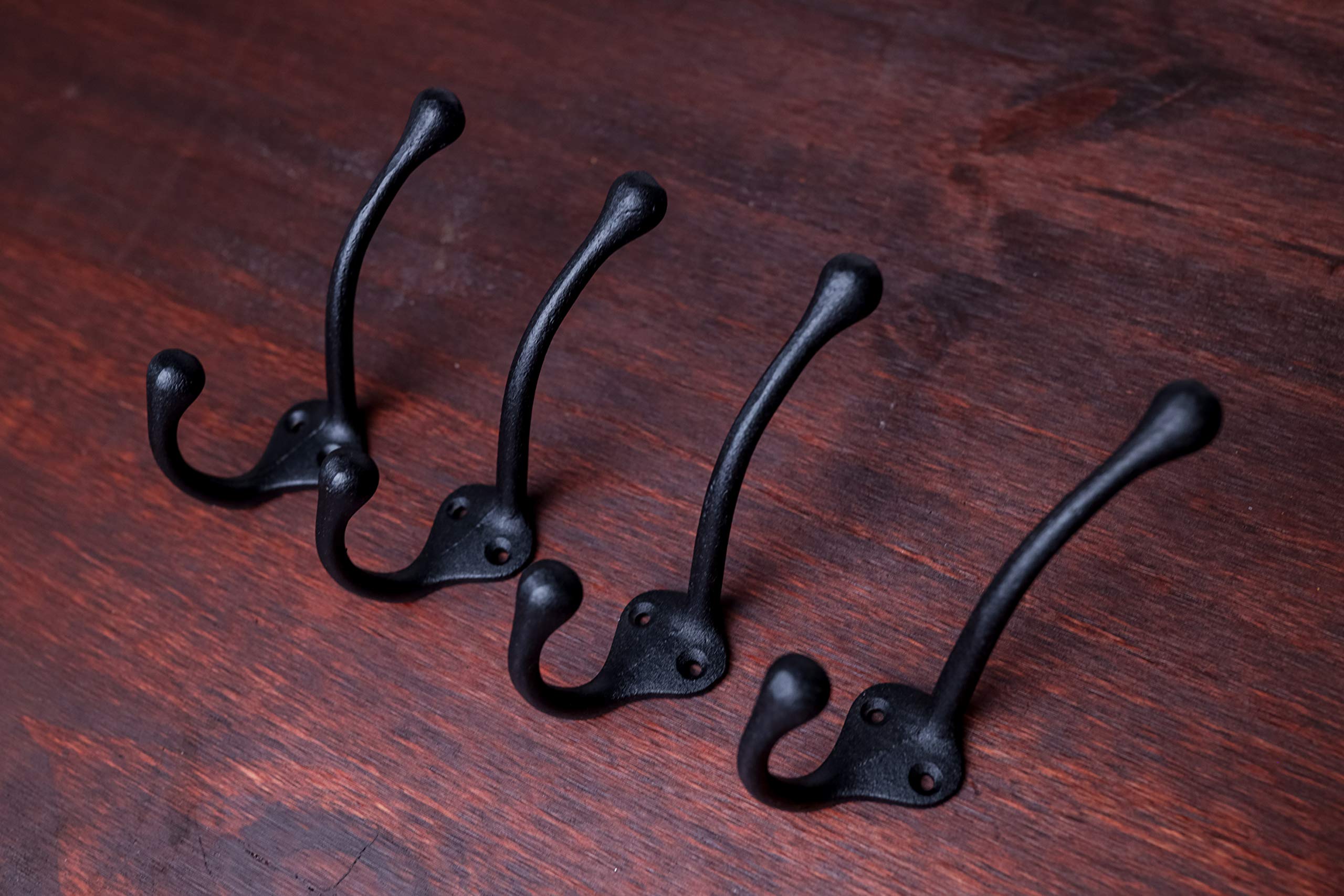 Vintage Cast Iron Wall Hooks (Black Texture Finish, Set of 4) - Rustic, Farmhouse Coat Hooks | Great for Coats, Bags, Towels, Hats | Classic Standard