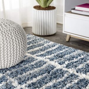 JONATHAN Y MBS101B-3 Merida Stacked Grid Shag Indoor Area -Rug Bohemian Modern Glam Easy -Cleaning Bedroom Kitchen Living Room, 3 X 5, Indigo Blue/Ivory