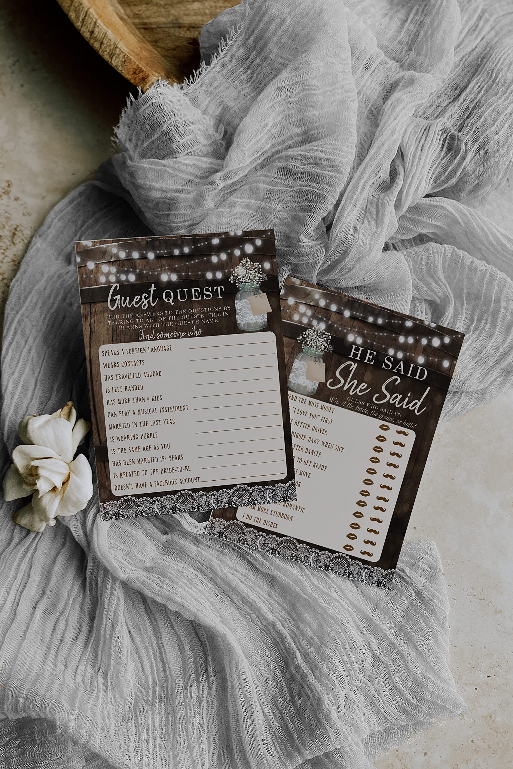 Your Main Event Prints Bridal Shower Bachelorette Games, Rustic Wood Barrel Mason Jar, He Said She Said, Find The Guest Quest, Would She Rather, Phone Game, 25 games each