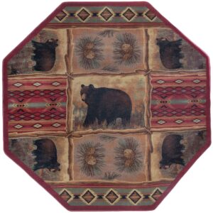 Tayse Sierra Bear Red 8 Foot Octagon Area Rug Cabin for Living, Bedroom, or Dining Room - Lodge, Novelty Farmhouse Style Bear Figure Rugs