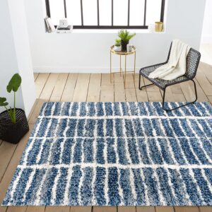 JONATHAN Y MBS101B-3 Merida Stacked Grid Shag Indoor Area -Rug Bohemian Modern Glam Easy -Cleaning Bedroom Kitchen Living Room, 3 X 5, Indigo Blue/Ivory