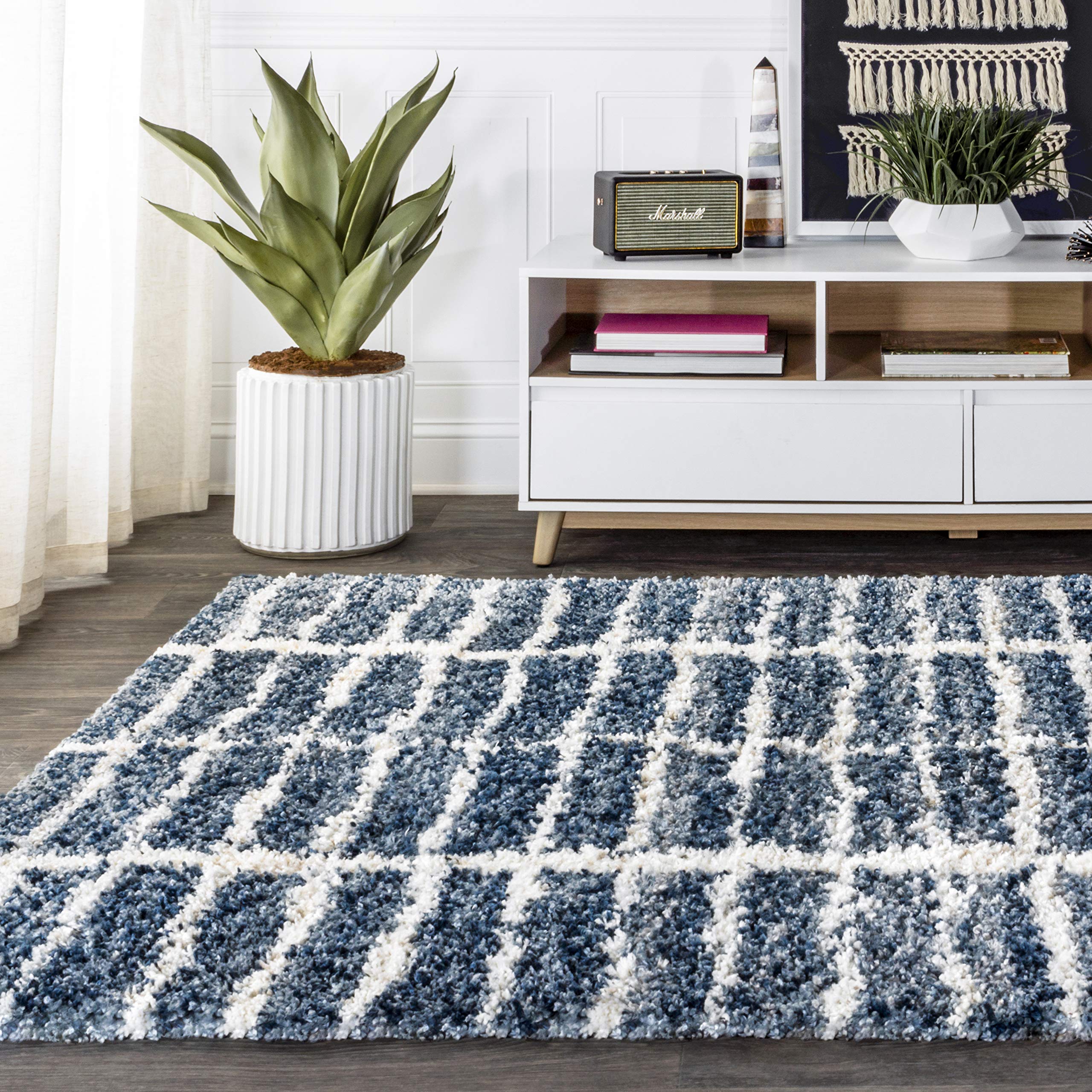 JONATHAN Y MBS101B-3 Merida Stacked Grid Shag Indoor Area -Rug Bohemian Modern Glam Easy -Cleaning Bedroom Kitchen Living Room, 3 X 5, Indigo Blue/Ivory