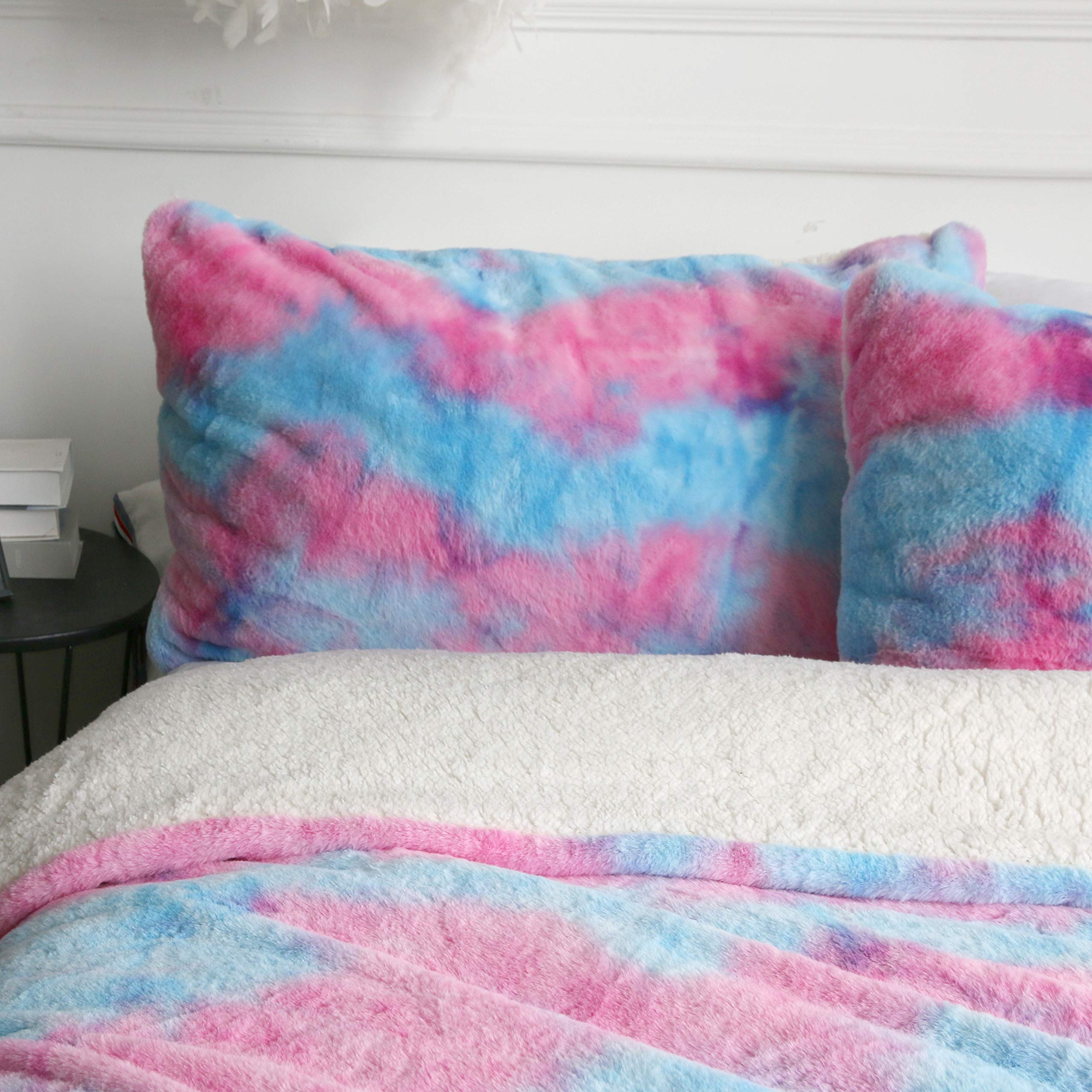 Sleepwish Fluffy Comforter Cover Queen Set Faux Fur Bedding Luxury Shaggy Tie Dye Duvet Cover Velvet Fleece Bed Set Rainbow Unicorn Fluffy Blanket Queen Size for Adults Women Girls (Pink Aqua Blue)