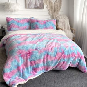 sleepwish fluffy comforter cover queen set faux fur bedding luxury shaggy tie dye duvet cover velvet fleece bed set rainbow unicorn fluffy blanket queen size for adults women girls (pink aqua blue)