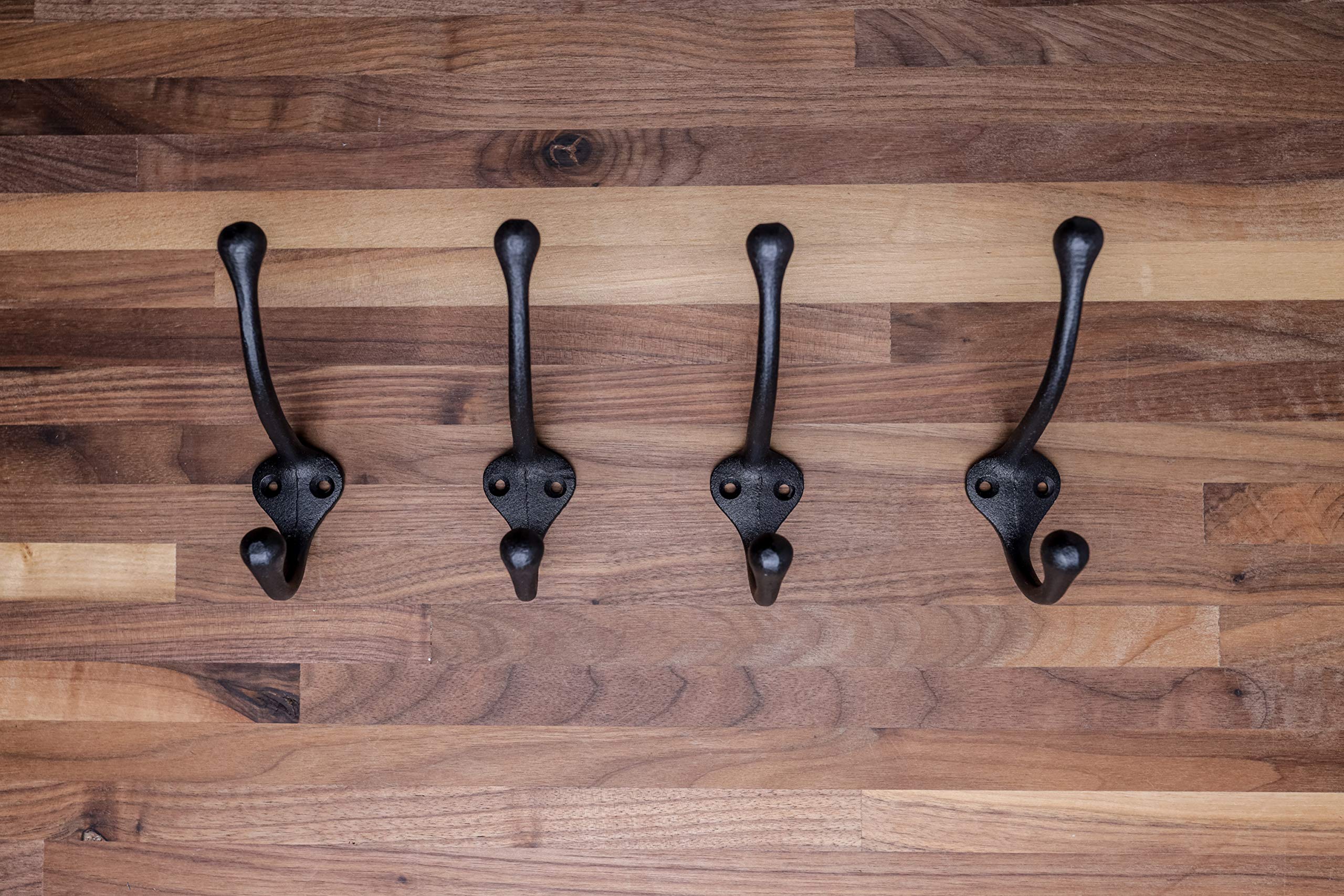 Vintage Cast Iron Wall Hooks (Black Texture Finish, Set of 4) - Rustic, Farmhouse Coat Hooks | Great for Coats, Bags, Towels, Hats | Classic Standard