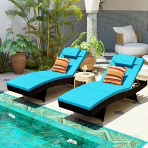 sundale outdoor wickerchaise lounge set of 2, rattan patio lounge chairs for outside, adjustable chaise loungers with cushions & pillows for deck, indoor, yard - steel, turquoise