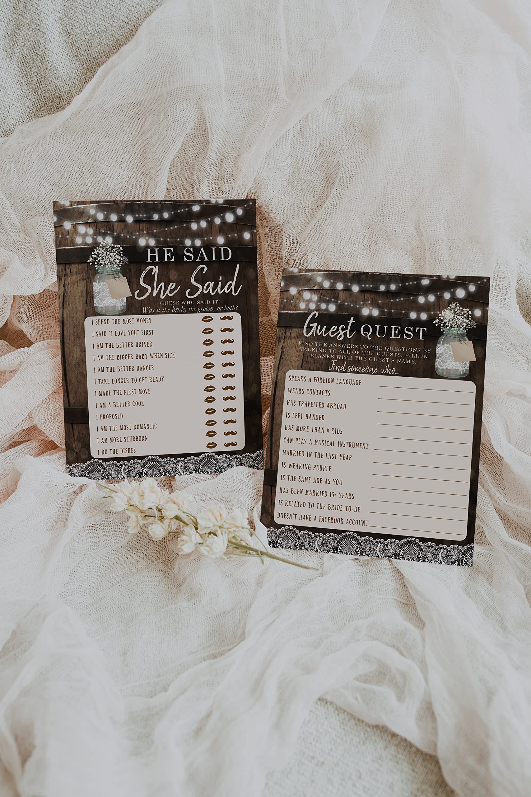 Your Main Event Prints Bridal Shower Bachelorette Games, Rustic Wood Barrel Mason Jar, He Said She Said, Find The Guest Quest, Would She Rather, Phone Game, 25 games each