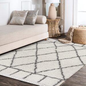 JONATHAN Y MCR101B-3 Mercer Shag Plush Tassel Moroccan Geometric Trellis Indoor Area-Rug Bohemian Contemporary Easy-Cleaning Bedroom Kitchen Living Room, 3 X 5, Cream/Grey