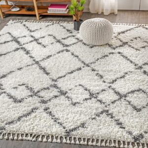 jonathan y mcr102b-8 mercer shag plush tassel moroccan tribal trellis geometric indoor area-rug bohemian contemporary easy-cleaning bedroom kitchen living room, 8 x 10, cream/grey