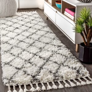 jonathan y mcr104b-28 mercer shag plush tassel moroccan geometric trellis indoor area-rug bohemian easy-cleaning high traffic bedroom kitchen living room, 2 ft x 8 ft, cream/grey