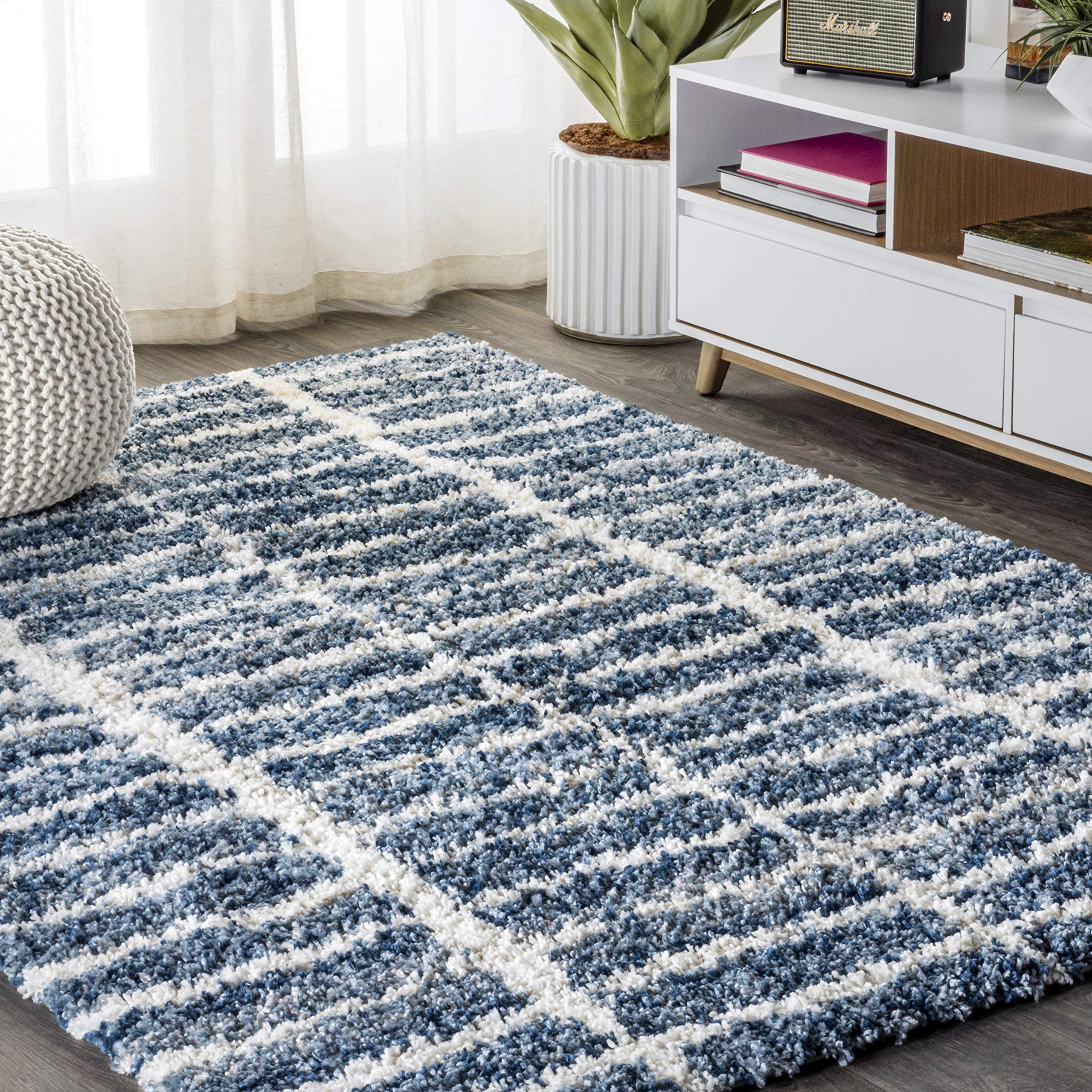 JONATHAN Y MBS101B-3 Merida Stacked Grid Shag Indoor Area -Rug Bohemian Modern Glam Easy -Cleaning Bedroom Kitchen Living Room, 3 X 5, Indigo Blue/Ivory