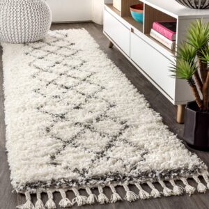 jonathan y mcr103b-28 mercer shag plush tassel moroccan tribal geometric trellis indoor area-rug bohemian easy-cleaning high traffic bedroom kitchen living room, 2 x 8, cream/grey