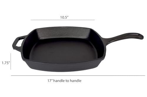 Jim Beam JB0217 10.5" Pre Seasoned Cast Iron Square Skillet for Grill, Gas, Oven, Electric, Induction and Glass, Black