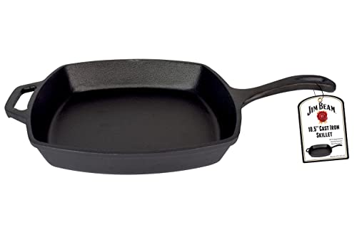 Jim Beam JB0217 10.5" Pre Seasoned Cast Iron Square Skillet for Grill, Gas, Oven, Electric, Induction and Glass, Black