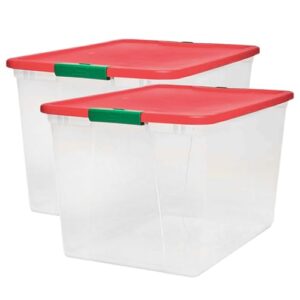 homz 64 quart secure seal latching extra large clear plastic storage tote container bin w/red lid for home, garage, & basement organization (2-pack)