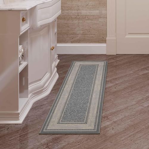 Ottomanson Machine Washable Bordered Design Non-Slip Rubberback 2x7 Traditional Runner Rug for Hallway, Kitchen, Bedroom, Living Room, 1'10" x 7', Light Gray