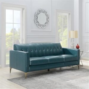 Nice Link Home Furnishings Payton Mid Century Leather Sofa Tufted Back in Turquoise with Metal Legs