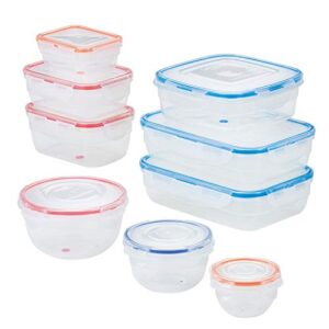 lock & lock easy essentials color mates food storage lids/airtight containers, bpa free, 18 piece, clear